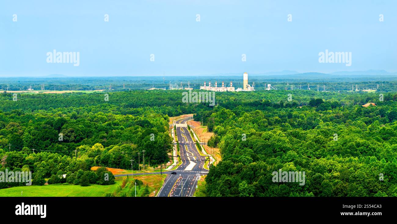Aerial view with the G. G. Allen Steam Station on the horizon in North ...