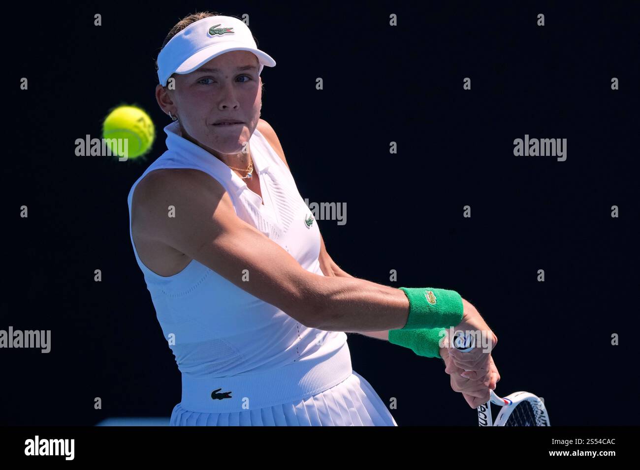 Erika Andreeva of Russia plays a backhand return to Zheng Saisai of China during their first ...