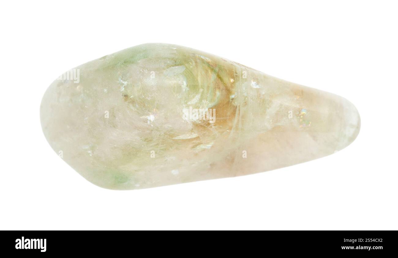 closeup of sample of natural mineral from geological collection - tumbled Prasiolite (green ...