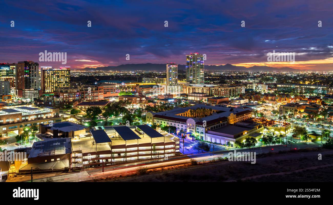 Aerial view of Downtown Tempe skyline at sunset near Phoenix, Arizona ...