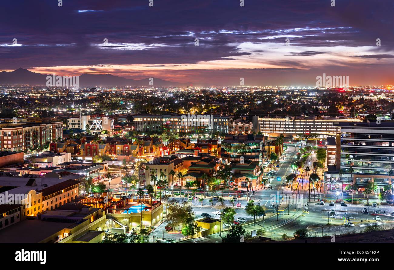Aerial view of Downtown Tempe skyline at sunset near Phoenix, Arizona ...
