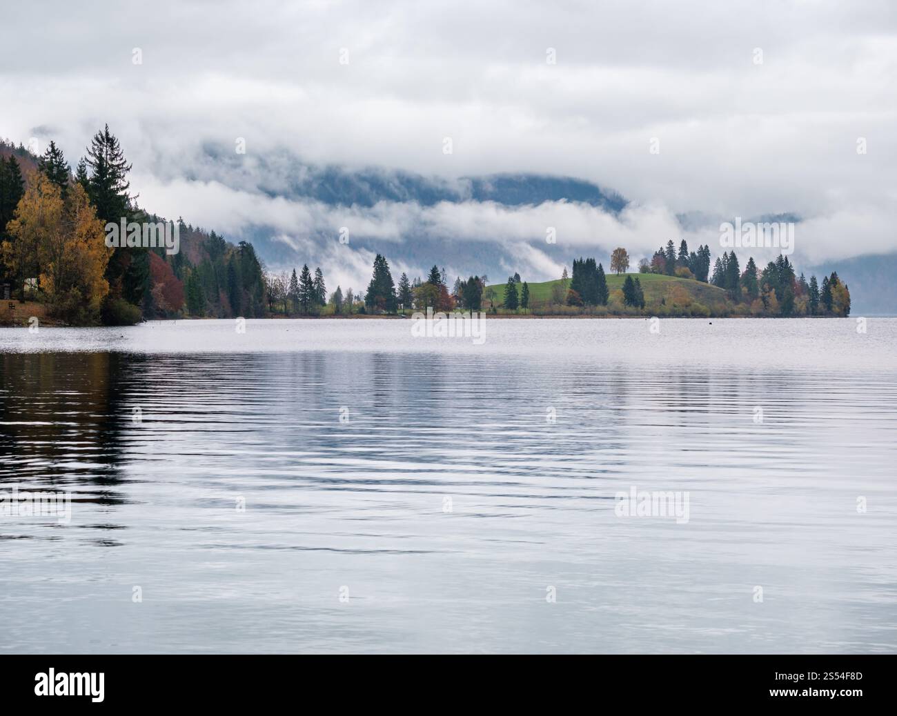 Mountain alpine autumn overcast evening lake Walchensee view, Kochel ...