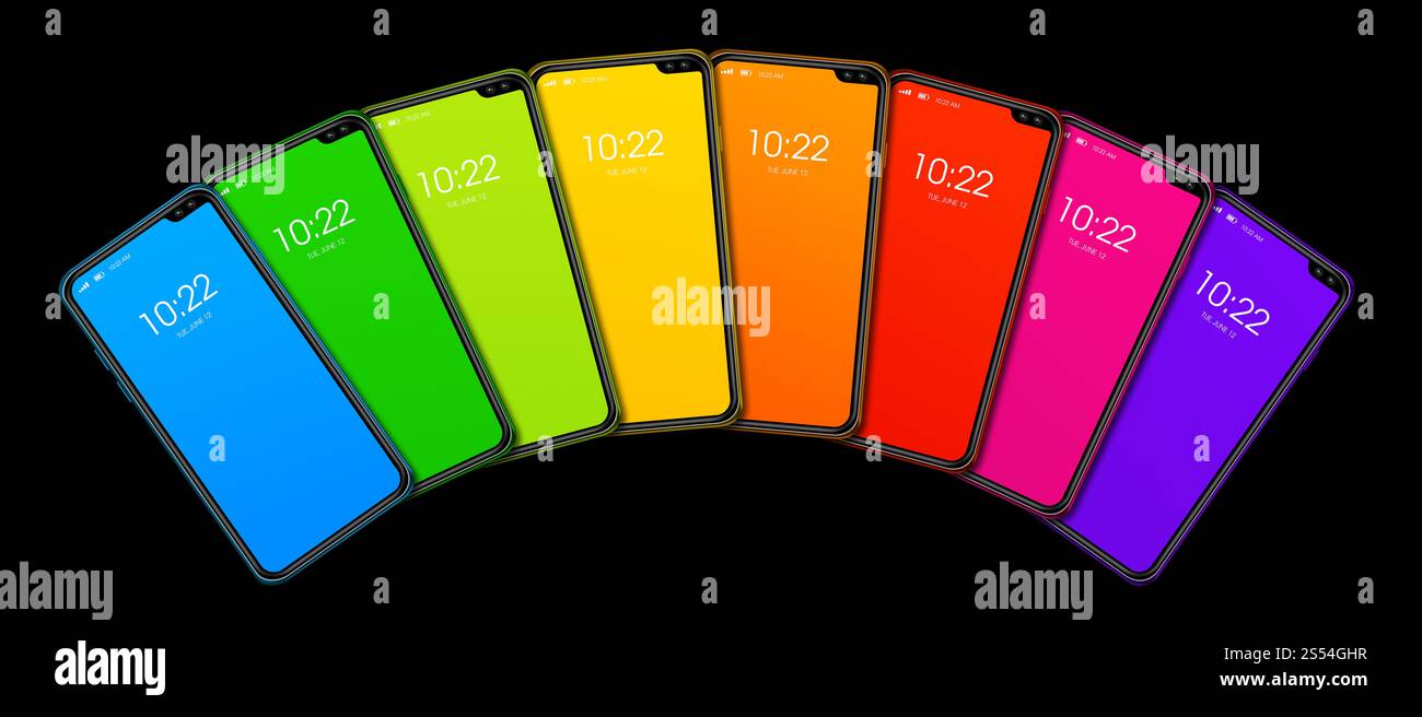 Rainbow colorful smartphone set banner. Isolated on black Background ...