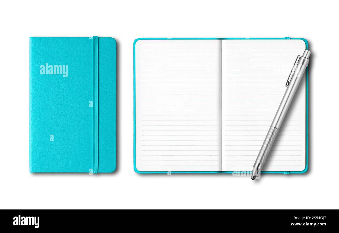 Aqua blue closed and open lined notebooks with a pen isolated on white ...