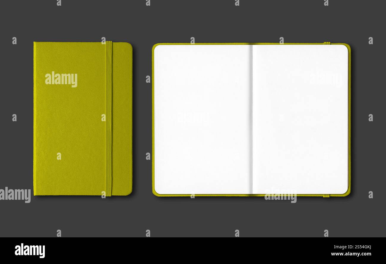Olive green closed and open notebooks mockup isolated on black. Olive ...