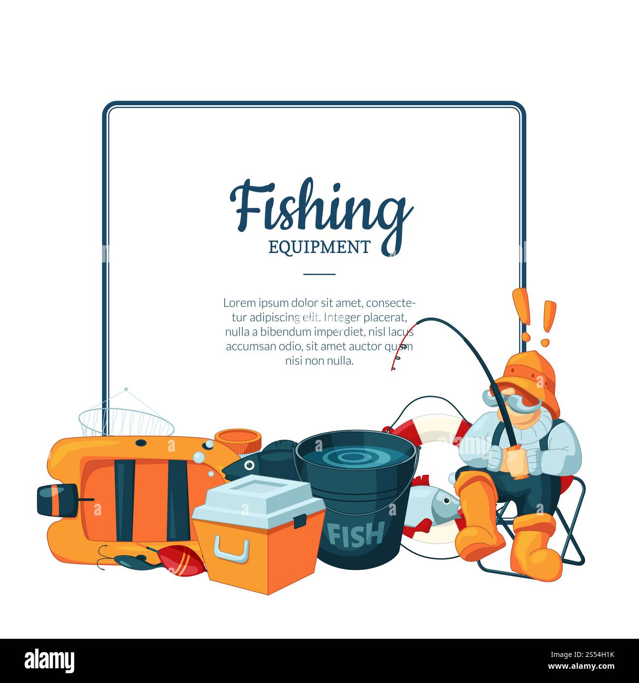 Vector frame with place for text and with cartoon fishing equipment ...