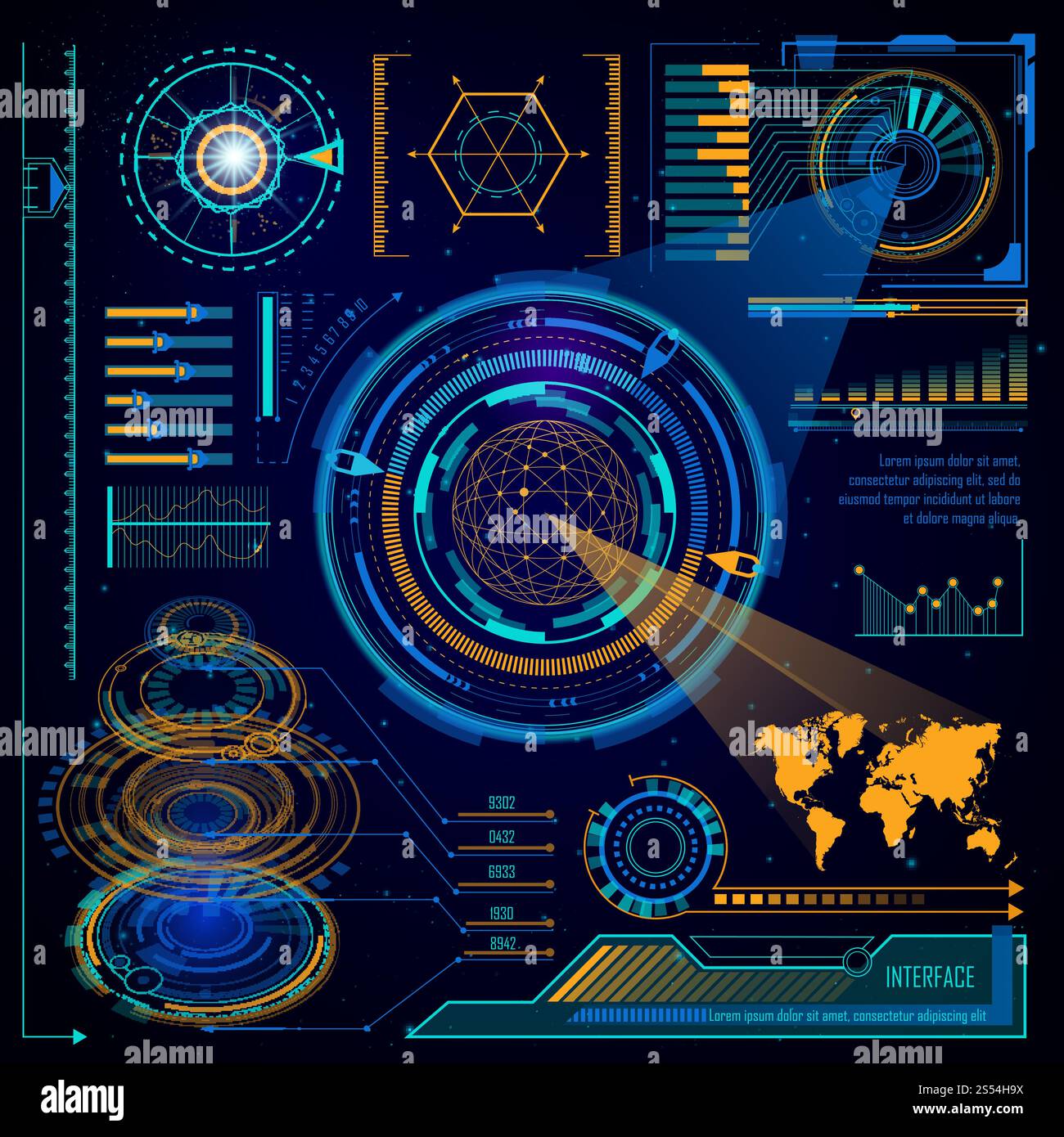 Digital interface or futuristic computer touchscreen dashboard control or HUD system interface ...