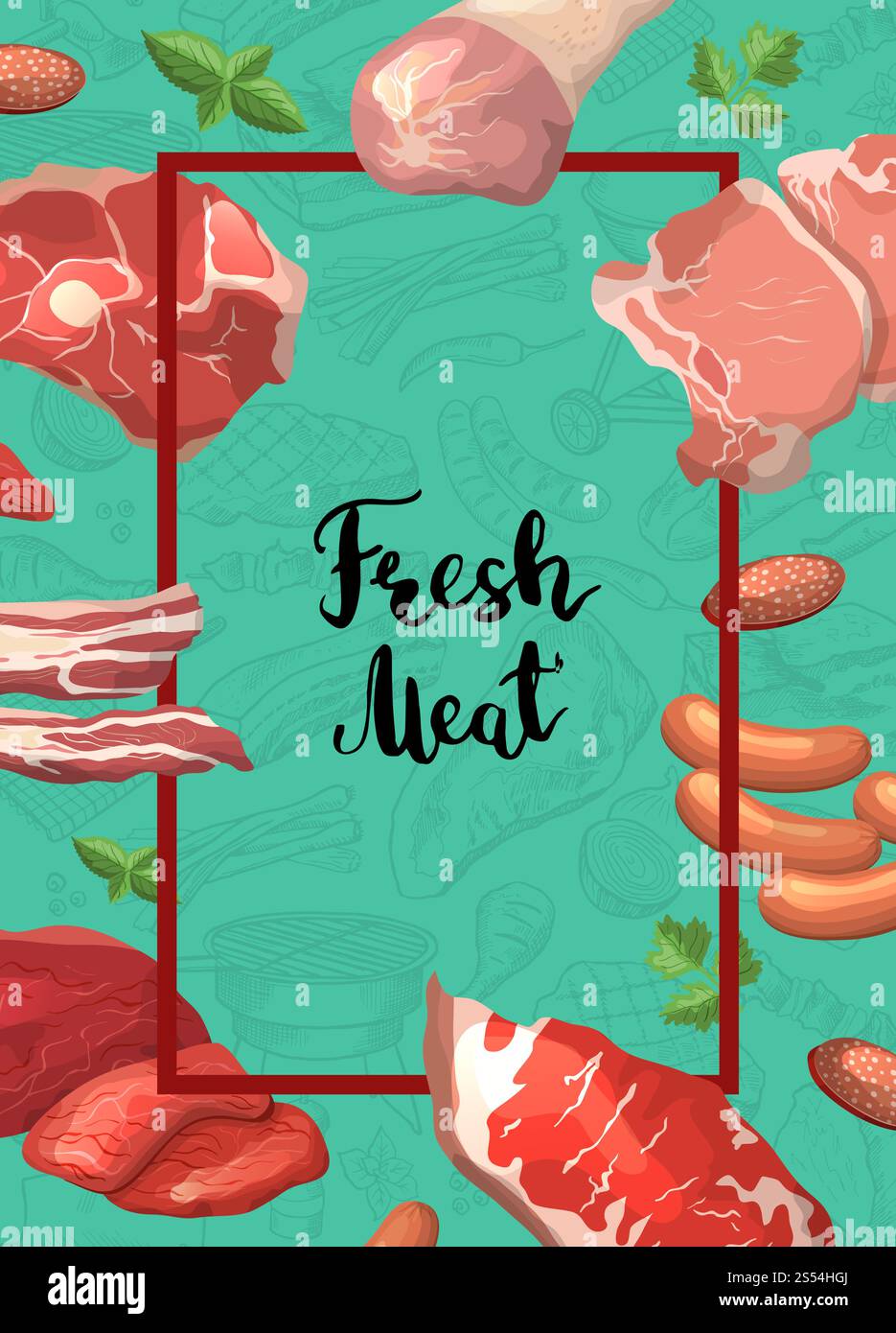 Vector cartoon meat elements frame with flying around it with place for ...
