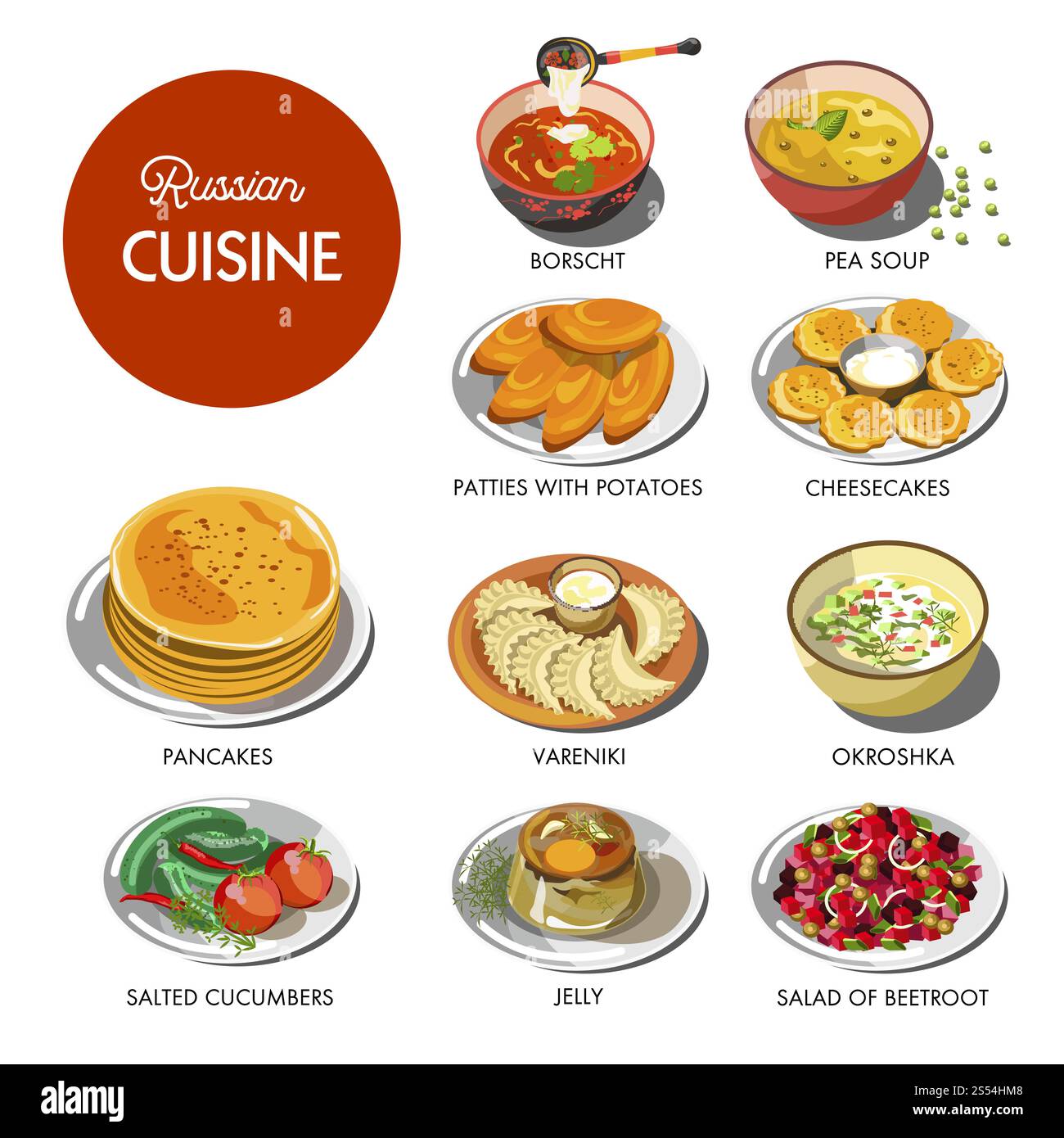 Russian cuisine traditional food dishes of pancakes, cucumber pickles ...