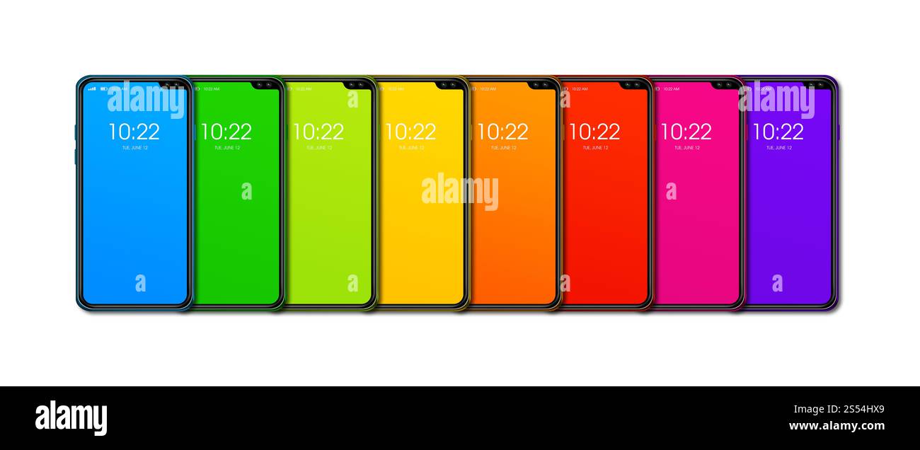 Rainbow colorful smartphone set banner. Isolated on white Background ...