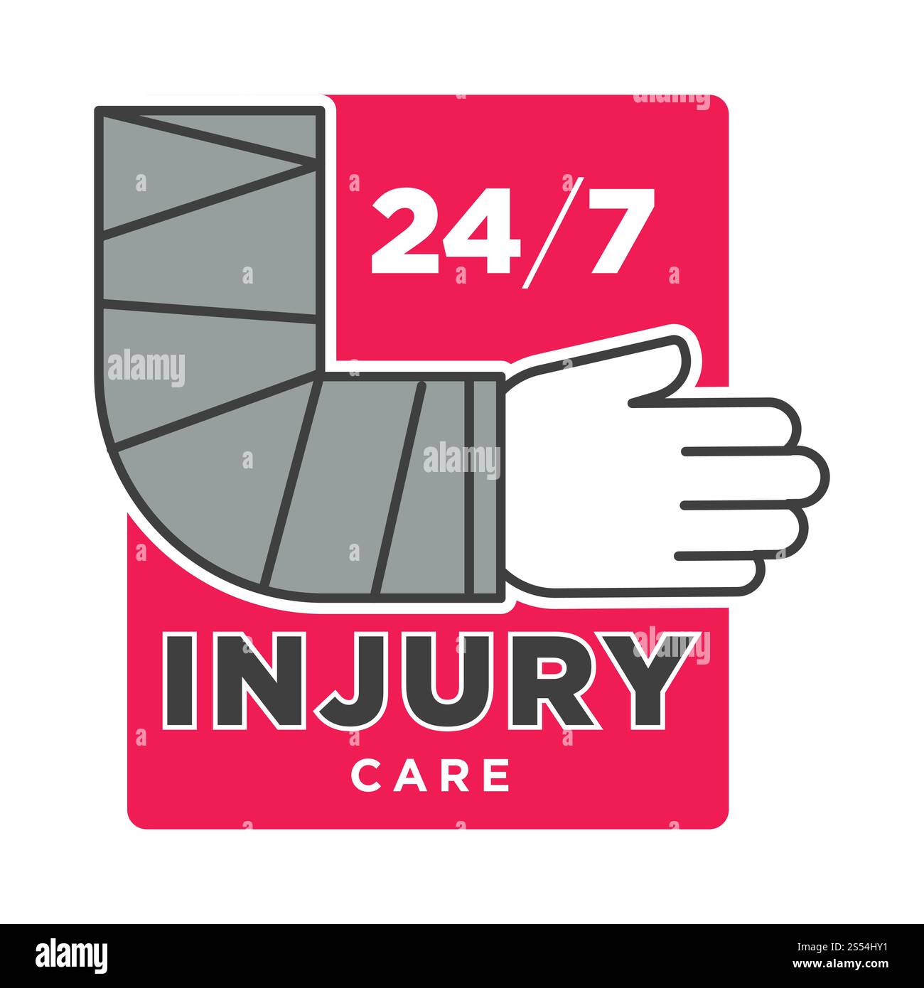 Injury care 24/7 promotional emblem with broken human arm wrapped in ...