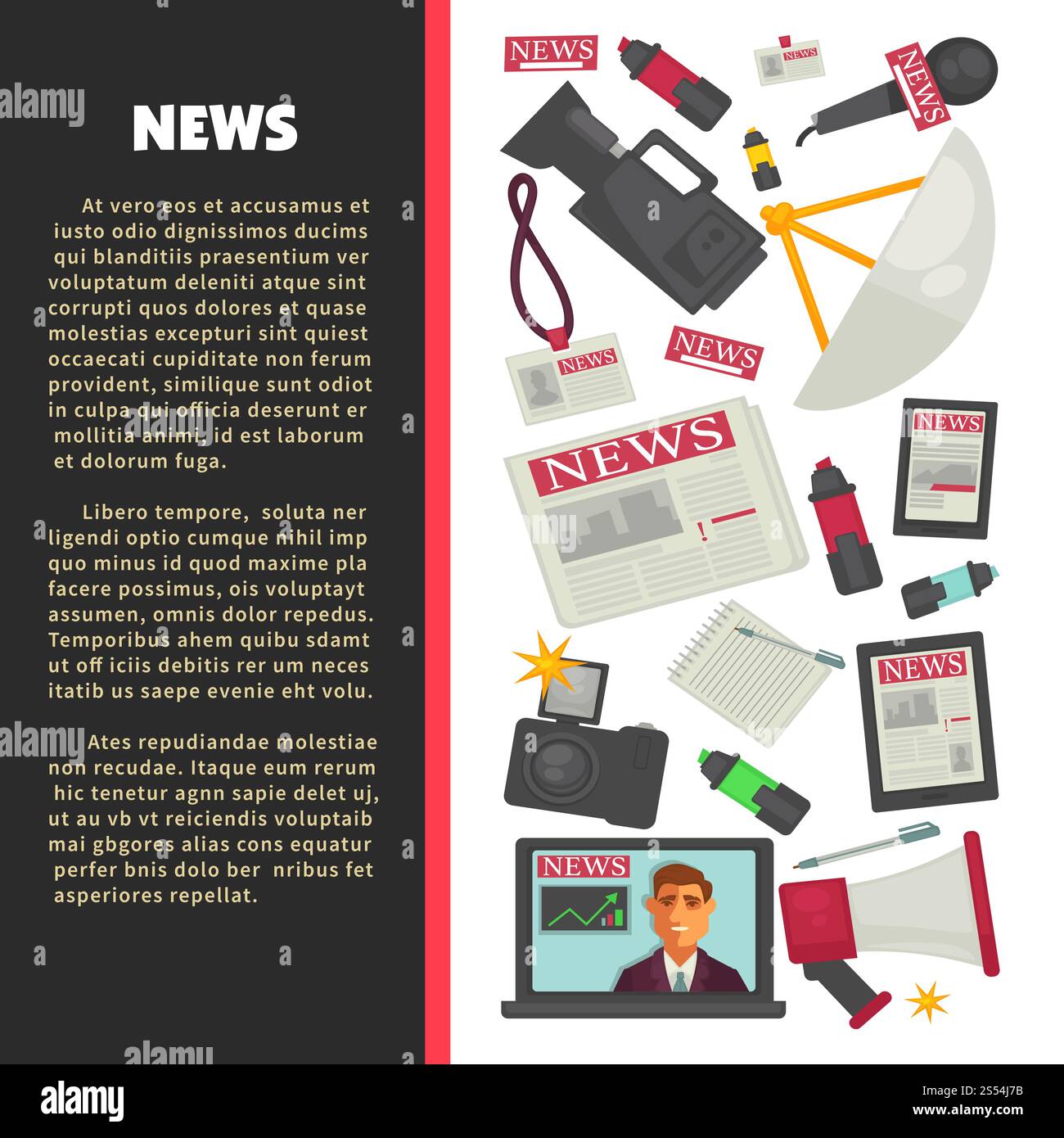 News and television journalism flat poster of journalist working tools ...