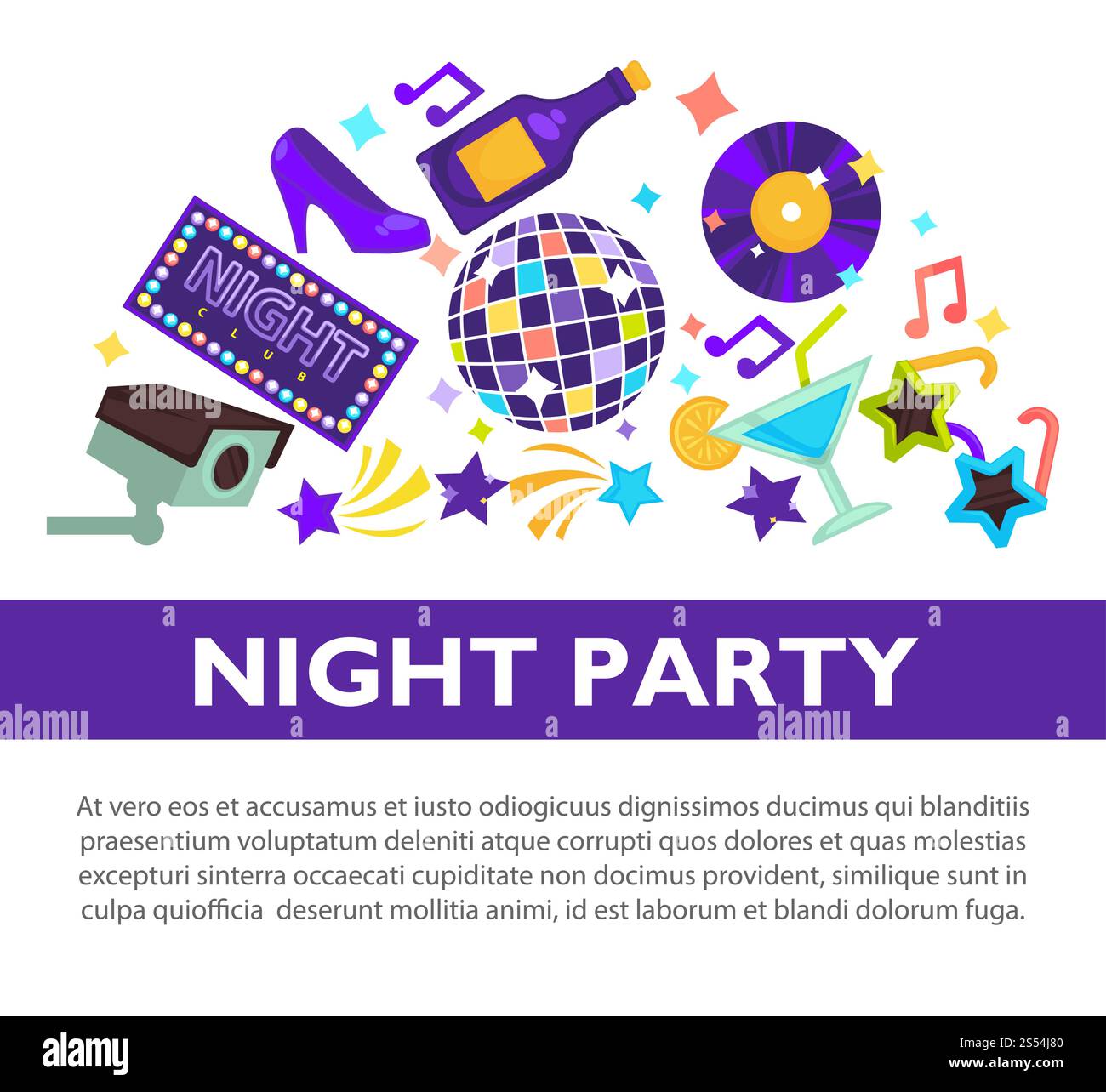 Night party promotional poster with attributes to have fun. Bottle of ...