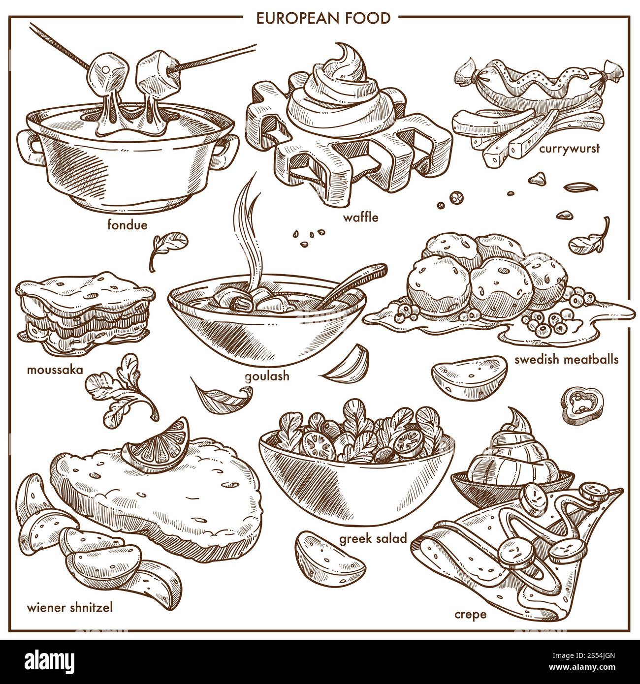 European cuisine sketch icons for restaurant menu template. Vector ...