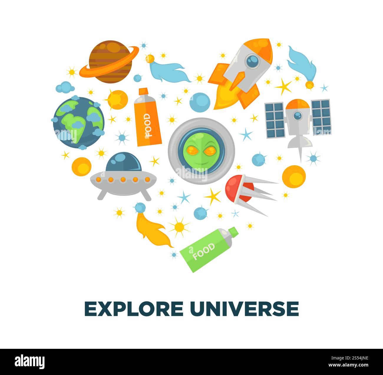 Universe exploration and cosmos space research heart poster. Vector ...