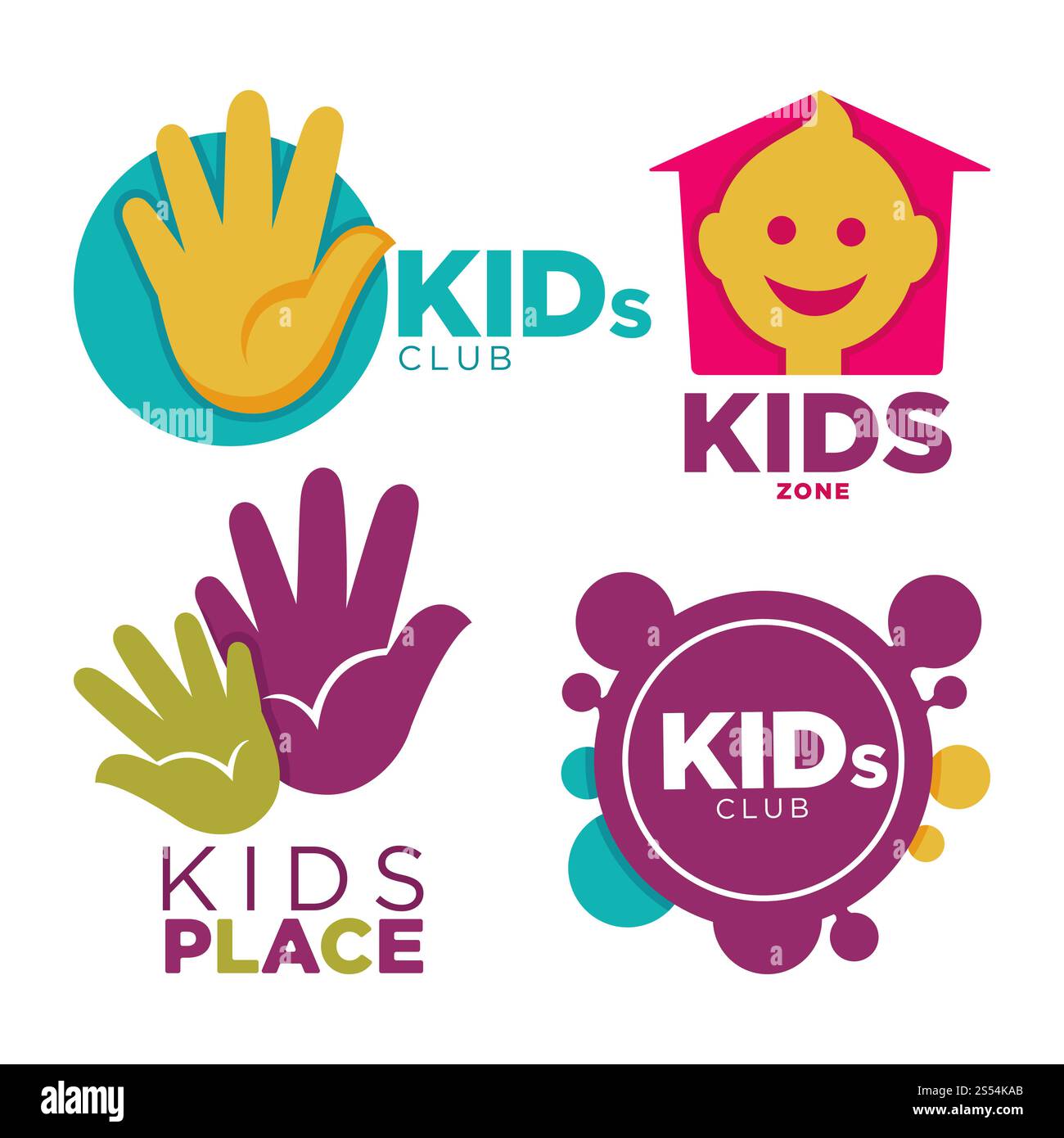Kids club with entertainments bright promotional emblems set isolated ...