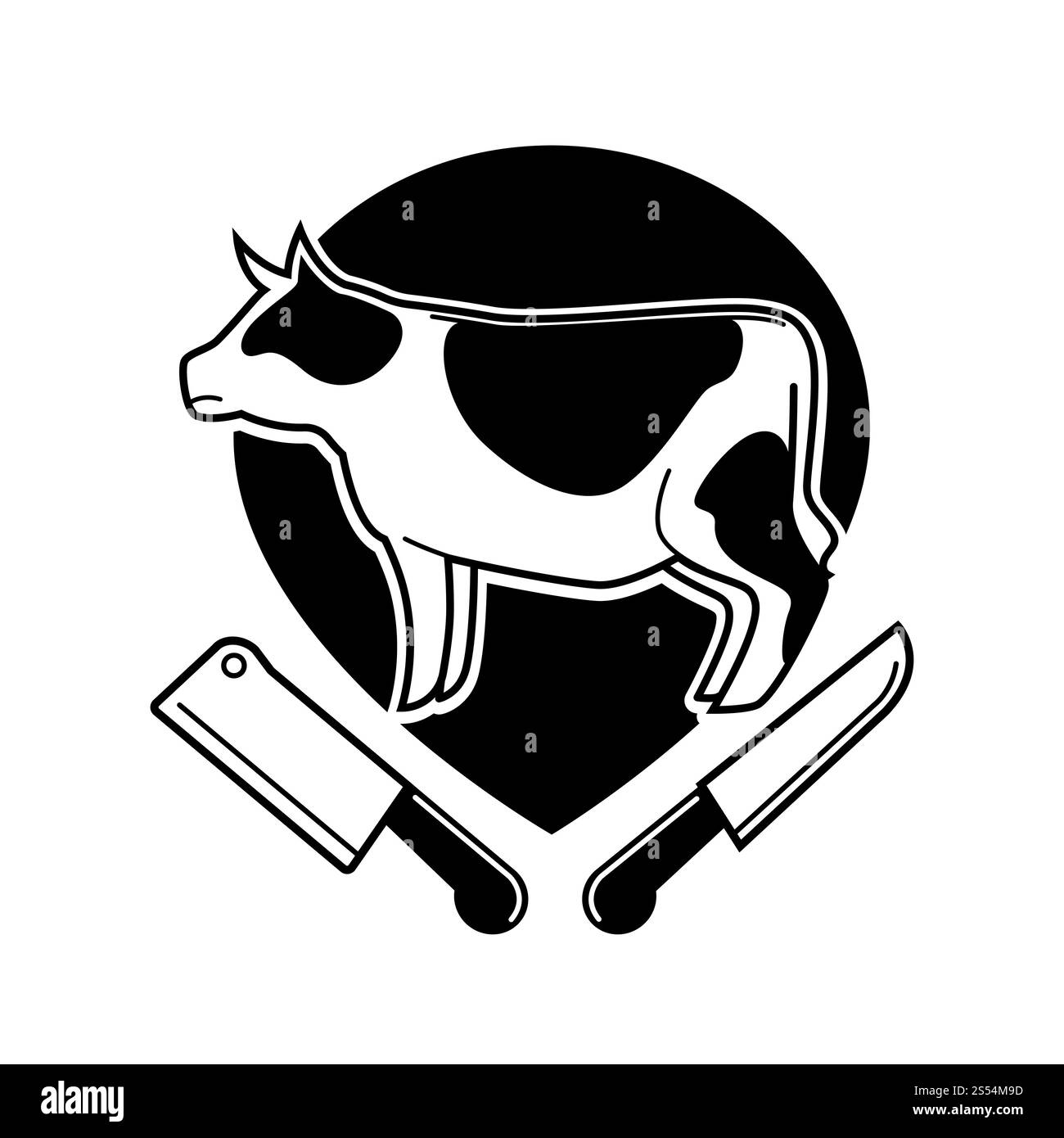 Butcher shop logo template of cow and cutlery knife. Butchery vector ...