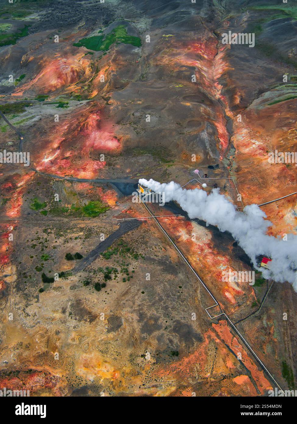Aerial view of a geothermal power area in Iceland. Vibrant colors ...