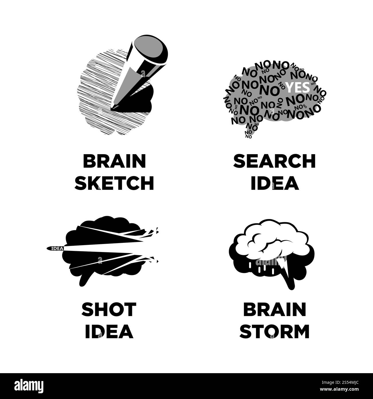 Idea and brainstorm icons of brain, bullet shot or pencil. Vector ...
