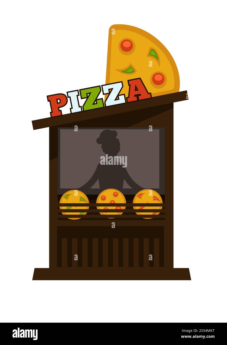 Pizza street food vending wooden booth stand. Vector isolated flat icon ...