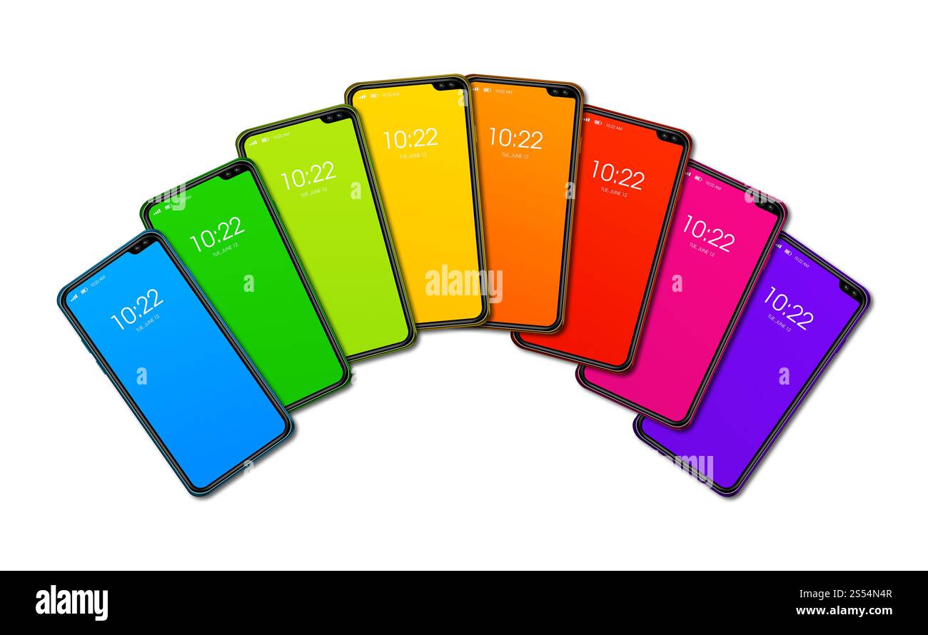 Rainbow colorful smartphone set isolated on white Background. 3D render ...