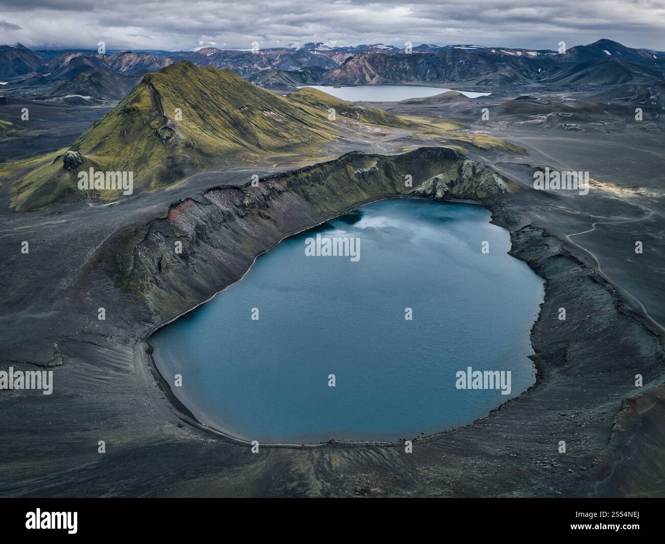 Aerial view of a volcanic crater lake in the Icelandic Highlands ...