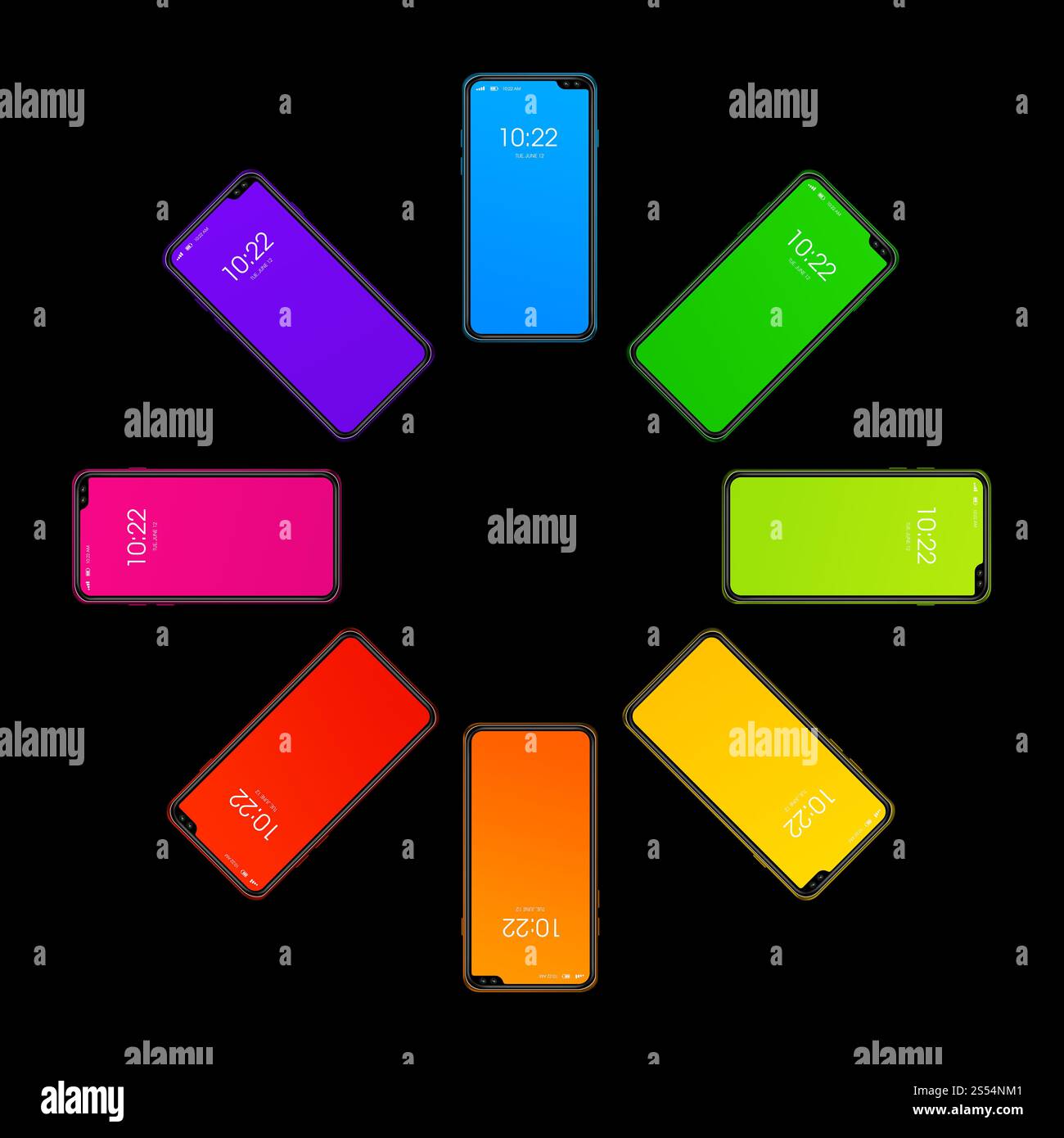 Rainbow colorful smartphone set in circle shape. isolated on black ...