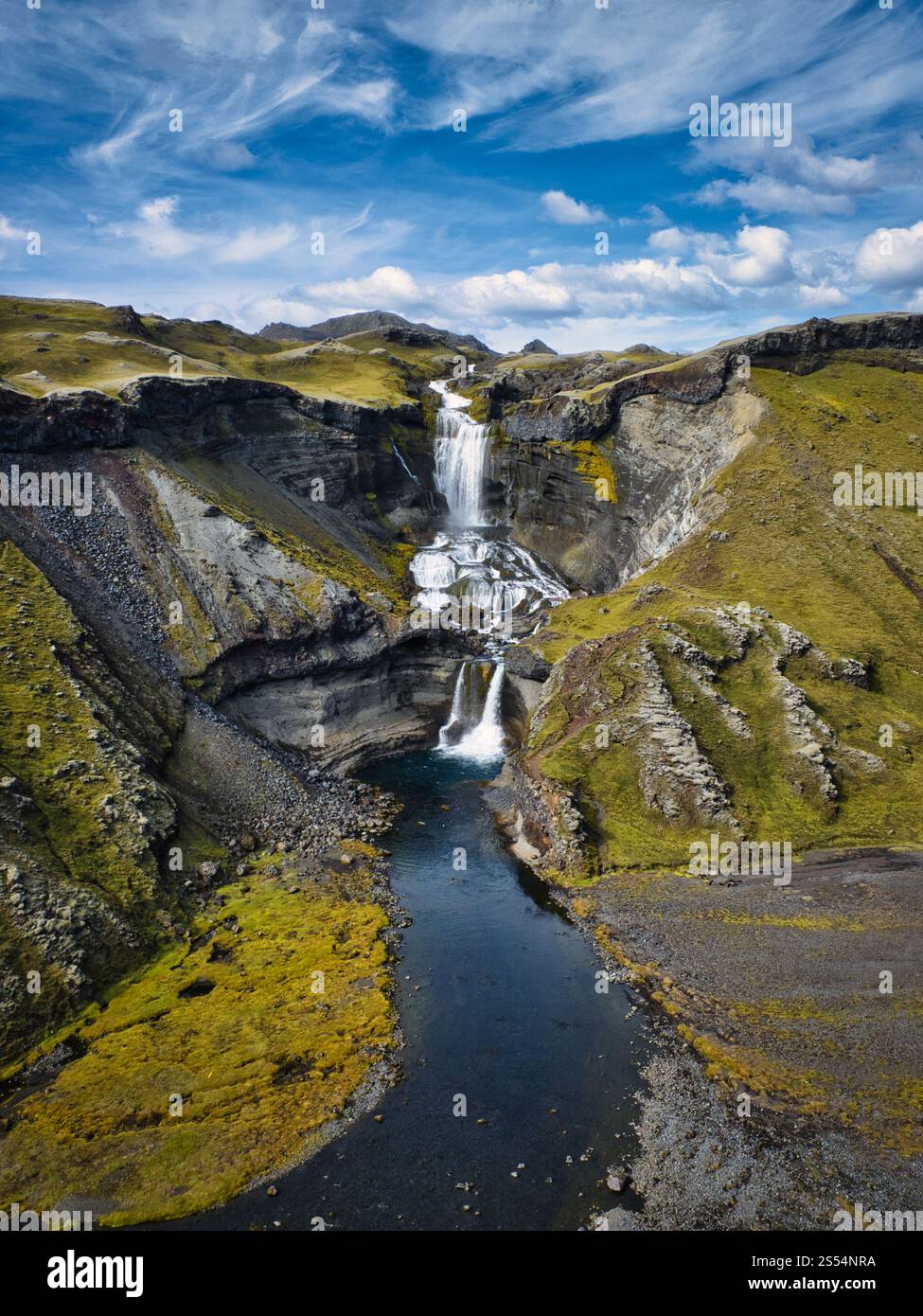 Aerial view of Ófærufoss waterfall in Iceland. Nestled in a dramatic ...