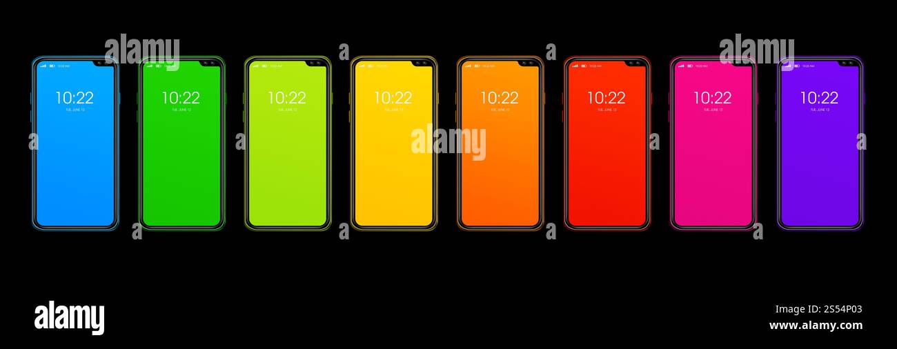 Rainbow colorful smartphone set banner. Isolated on black Background ...