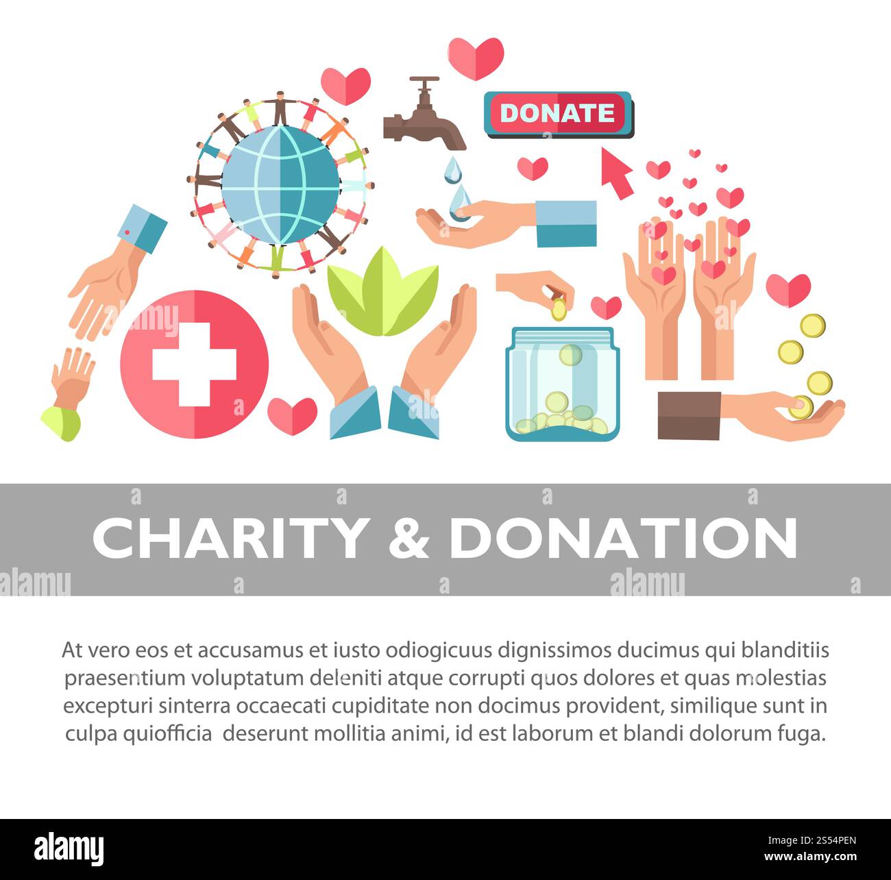 Charity and donation promotional poster with sample text. Symbolic ...