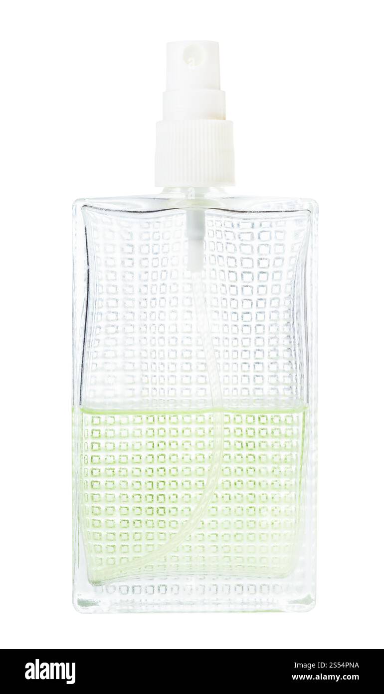 half-full perfume spray flacon isolated on white background. half-full ...