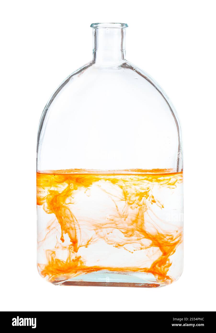 orange watercolour dissolving in water in glass flask isolated on white ...