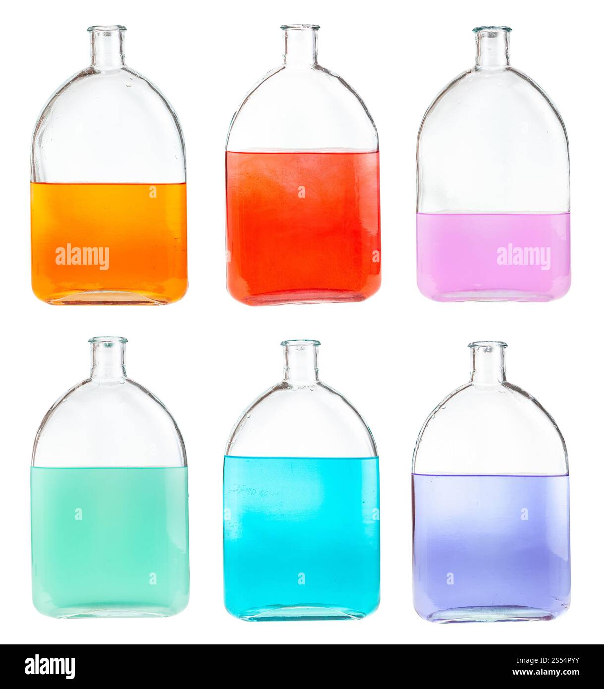 set of various colour mixtures in glass flasks isolated on white ...