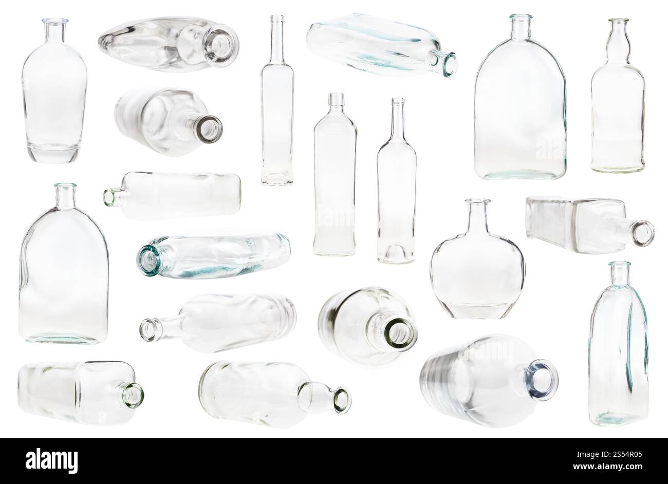 set of various empty clear bottles isolated on white background. set of ...