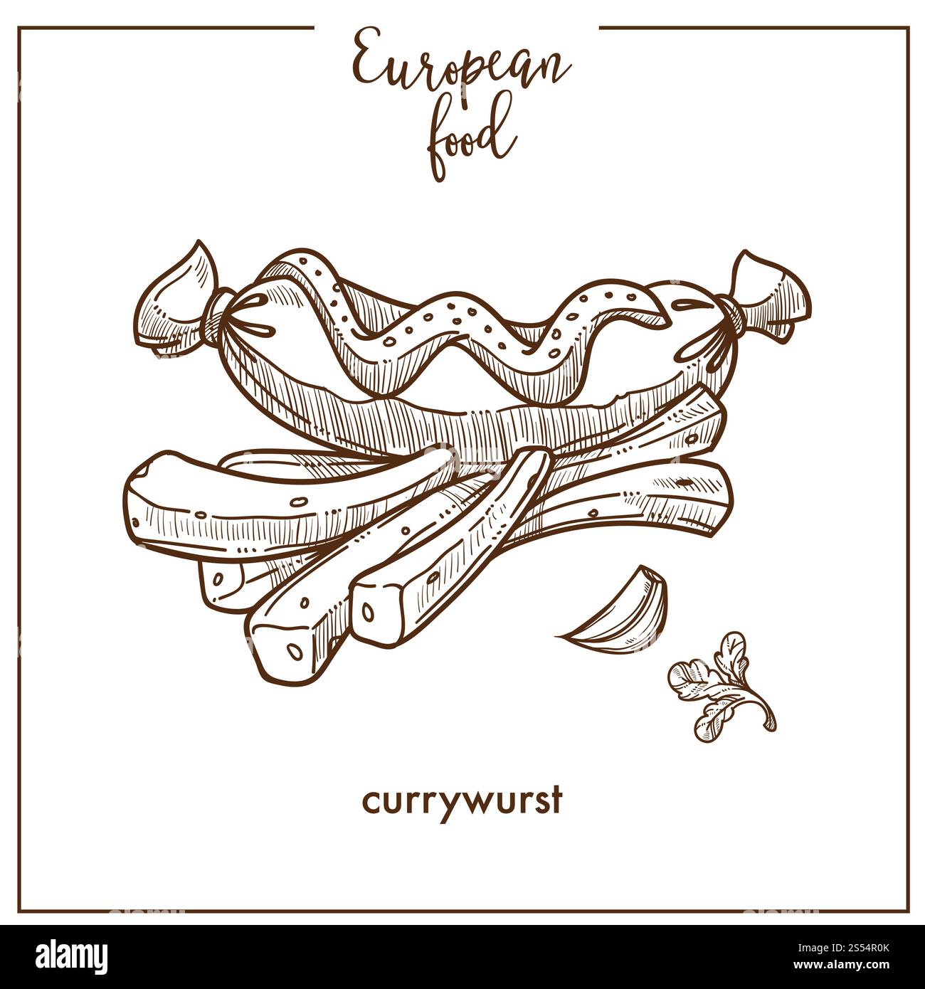 Currywurst grill sausage sketch icon for European food cuisine menu ...