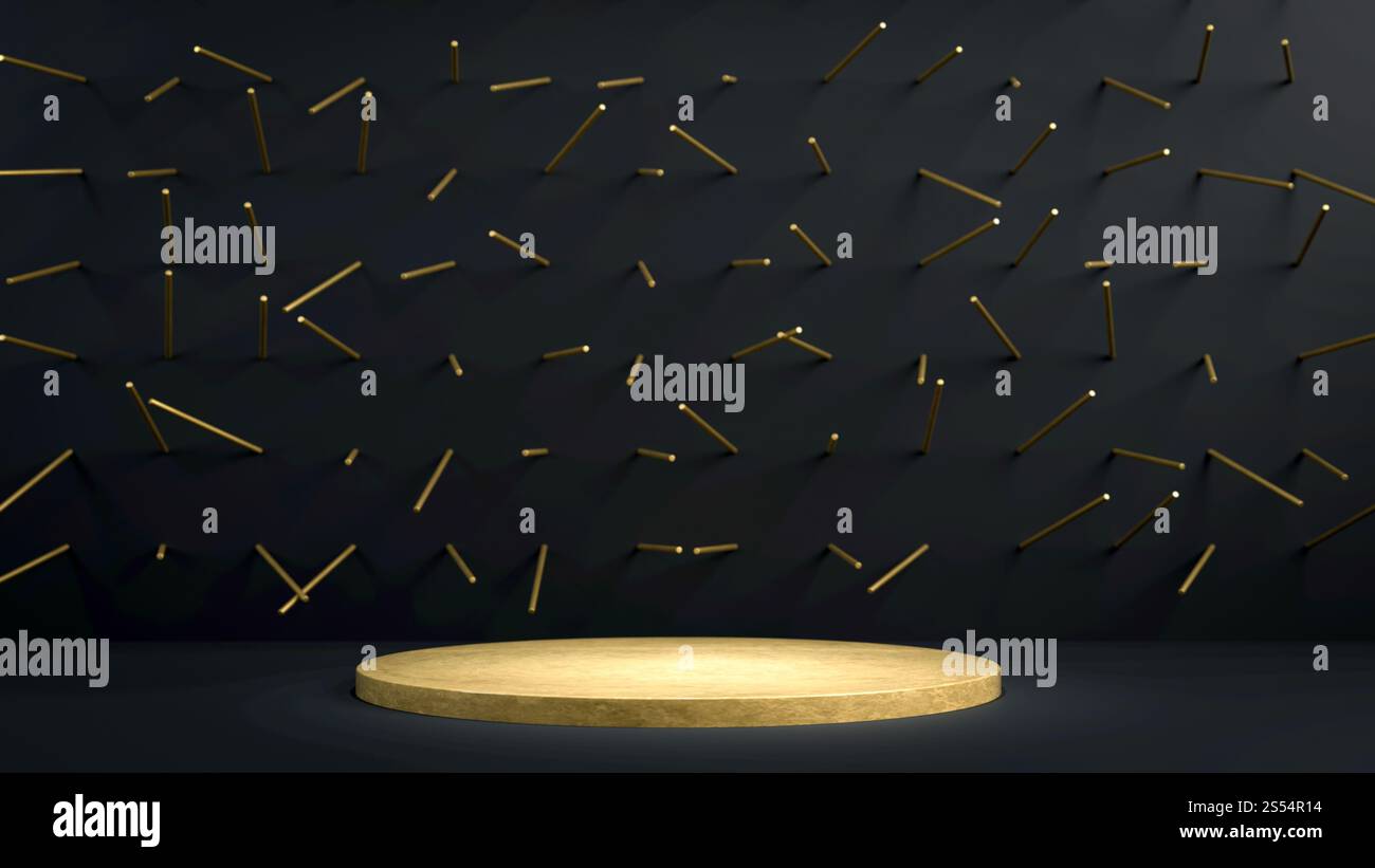3d rendering of golden round stage, pedestal or podium in black studio ...