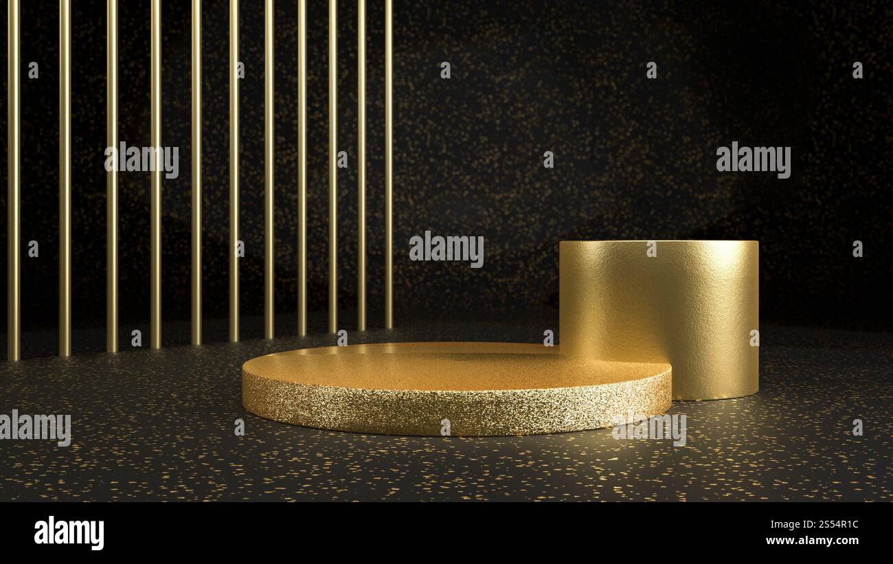 3d rendering of golden shiny cylinders in black studio. Golden stage ...