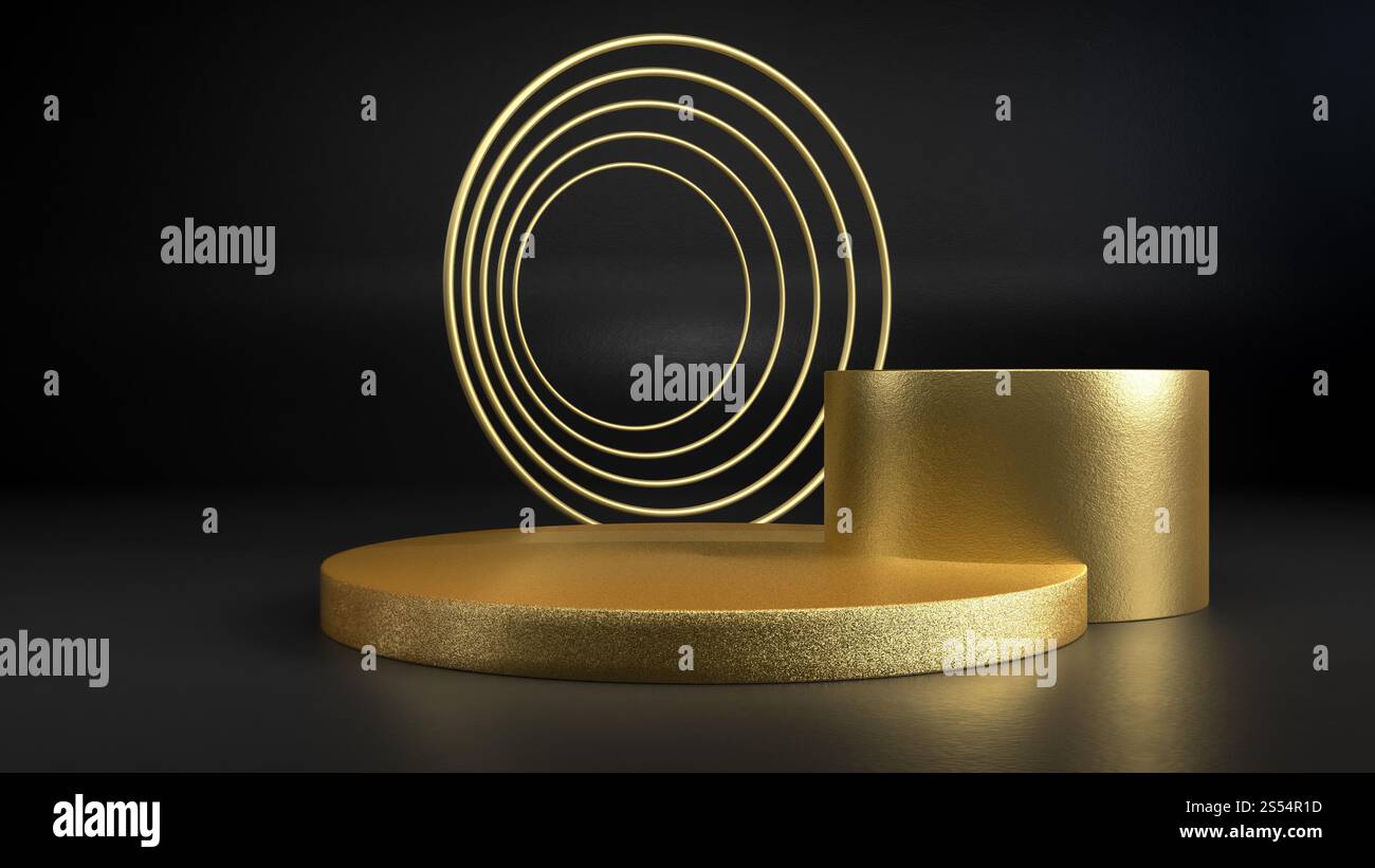3d rendering of golden round stage, pedestal or podium on black ...