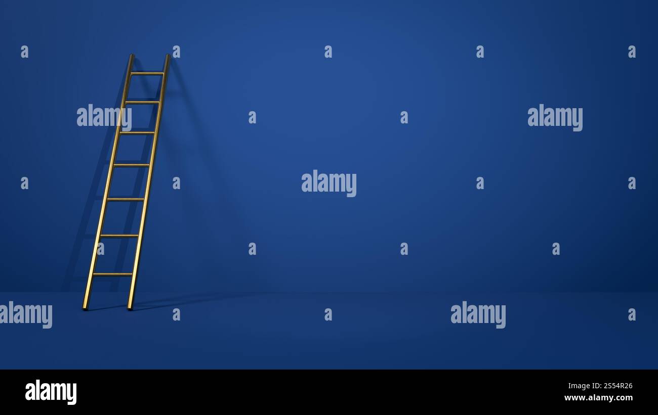 Golden stepladder leaning on blue wall. Concept of ladder of ...