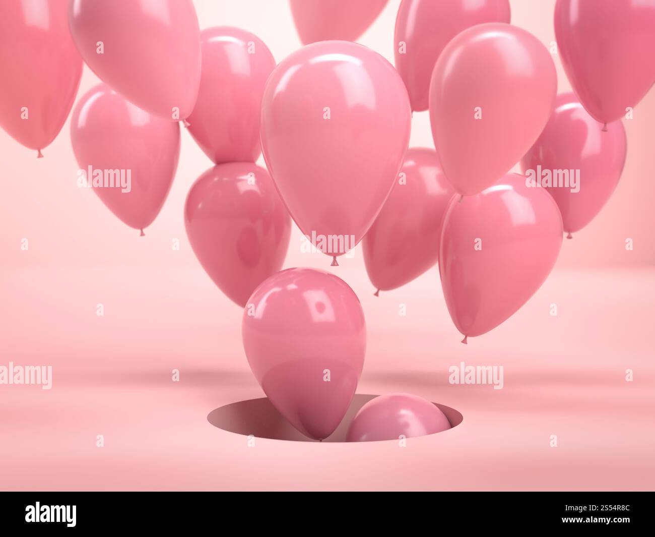 Colorful pink air balloons flying out of big hole in floor at pink ...