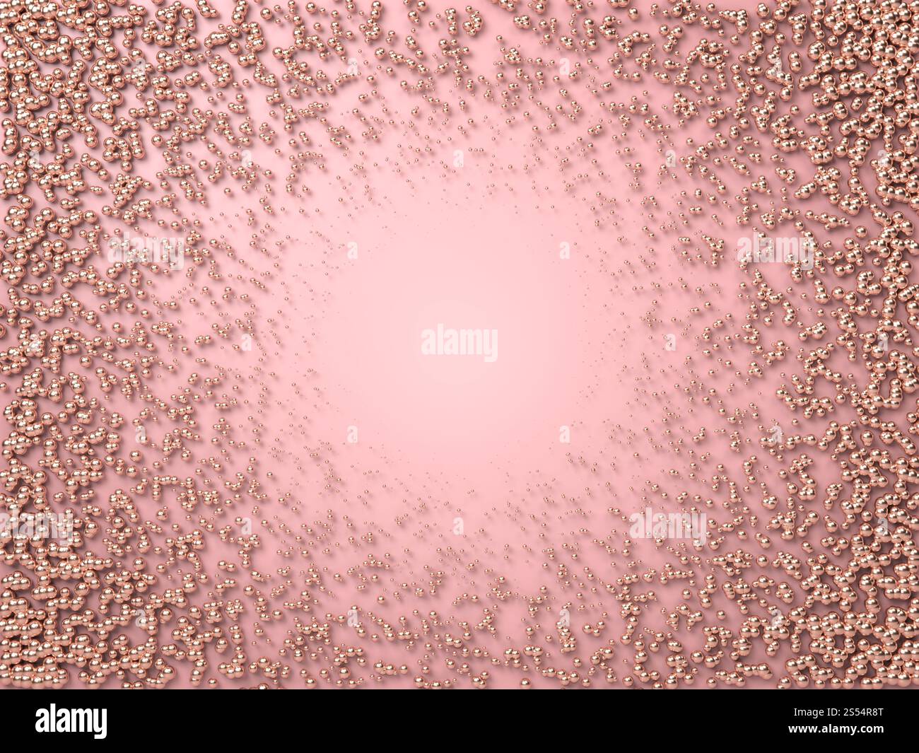 Golden and copper balls and spheres forming frame on pink pastel paper ...