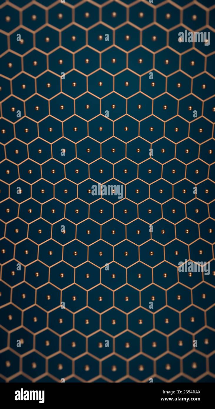 Golden honeycomb grid and spheres over blue backgorund. Copper hexagonal pattern on blue ...
