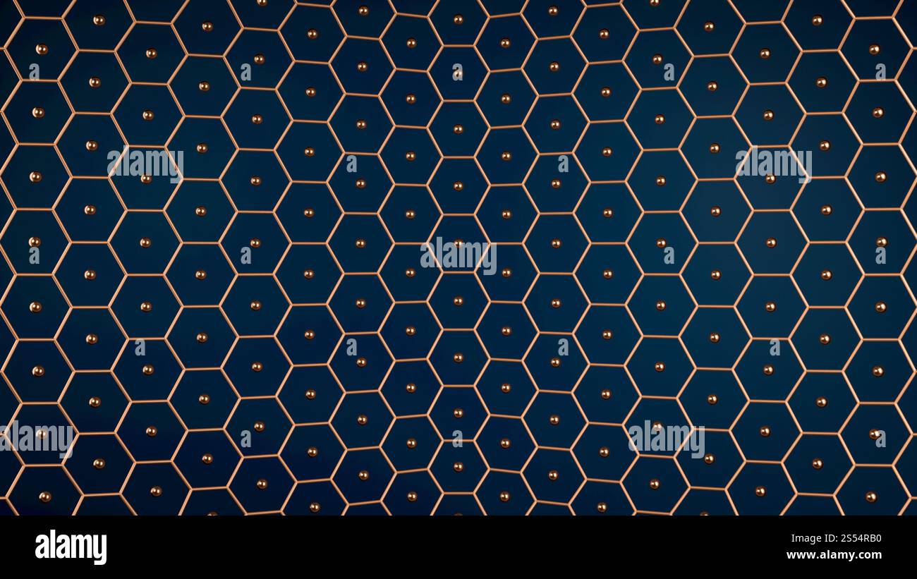 Golden honeycomb grid and spheres over blue backgorund. Copper hexagonal pattern on blue ...