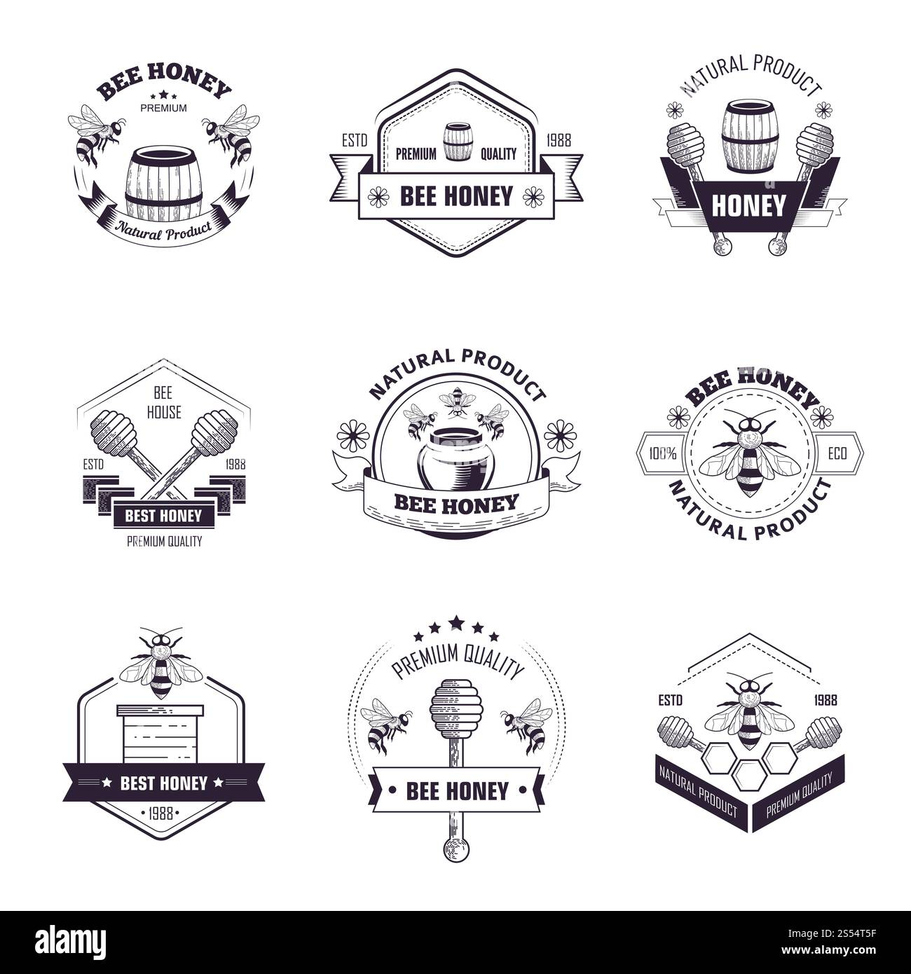 Bee honey vector logos templates of beekeeping product labels and jar ...