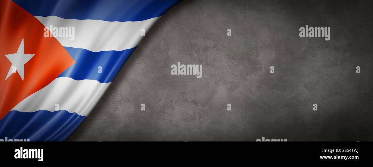 Cuba flag on concrete wall. Horizontal panoramic banner. 3D illustration. Cuban flag on concrete ...