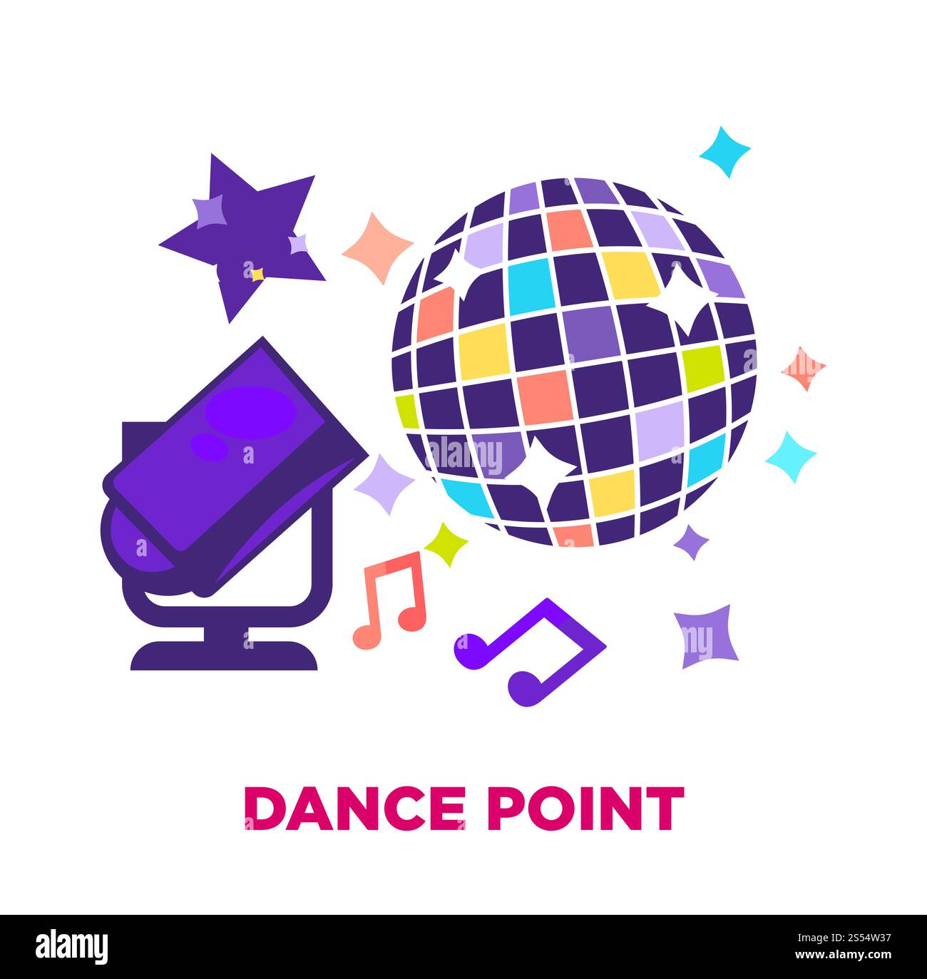 Dance point promotional poster with huge shiny disco ball, powerful ...