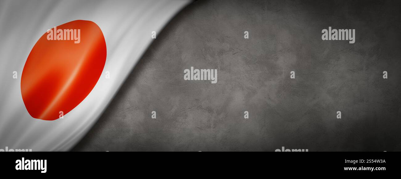 Japan flag on concrete wall. Horizontal panoramic banner. 3D ...