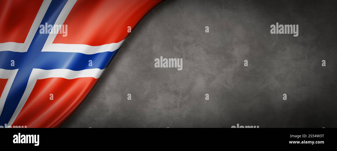Norway flag on concrete wall. Horizontal panoramic banner. 3D ...