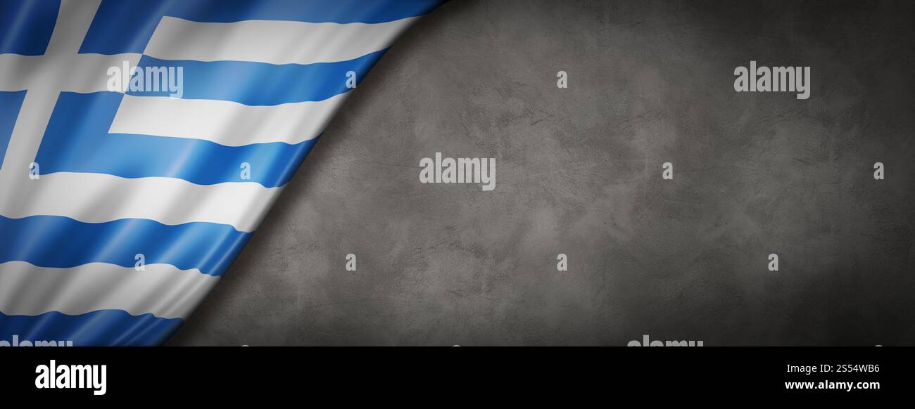 Greece flag on concrete wall. Horizontal panoramic banner. 3D ...