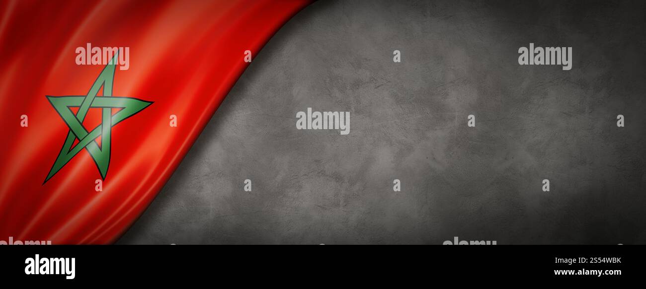 Morocco flag on concrete wall. Horizontal panoramic banner. 3D ...